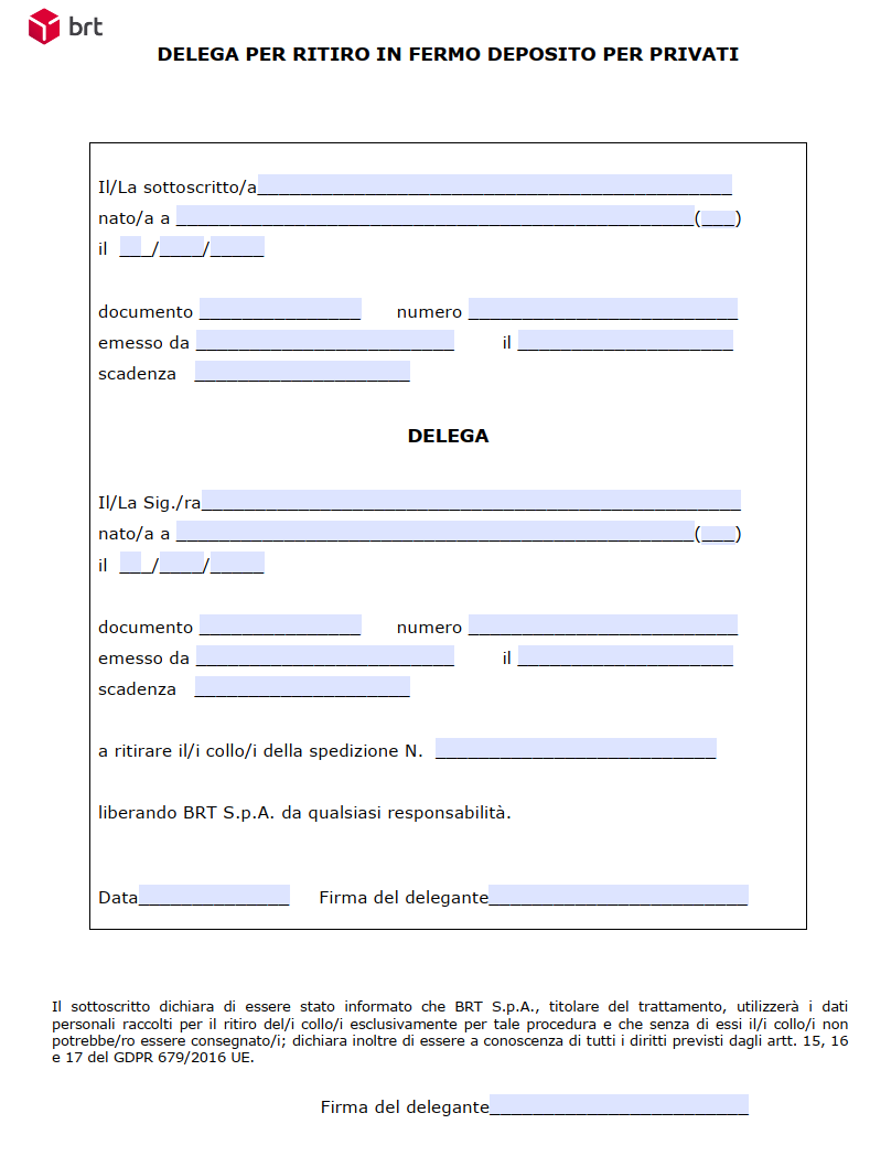 Delega Ritiro BRT - Modulo Word e PDF