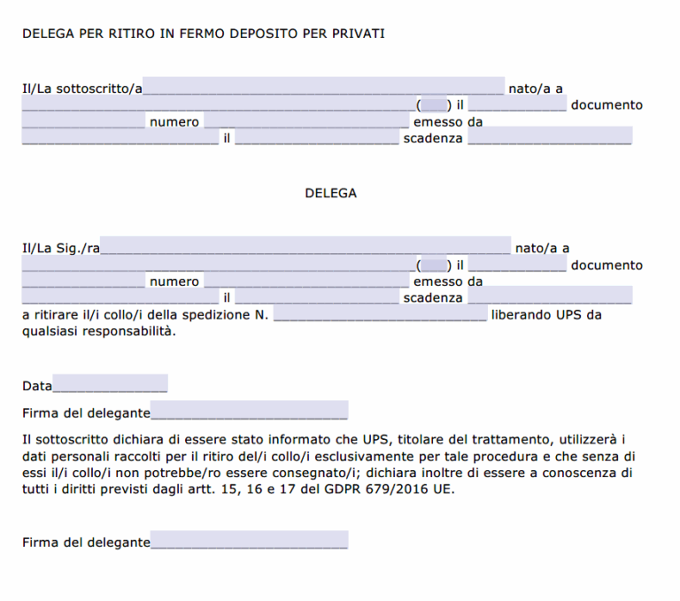 Delega Ritiro Pacco UPS – Modulo Word e PDF